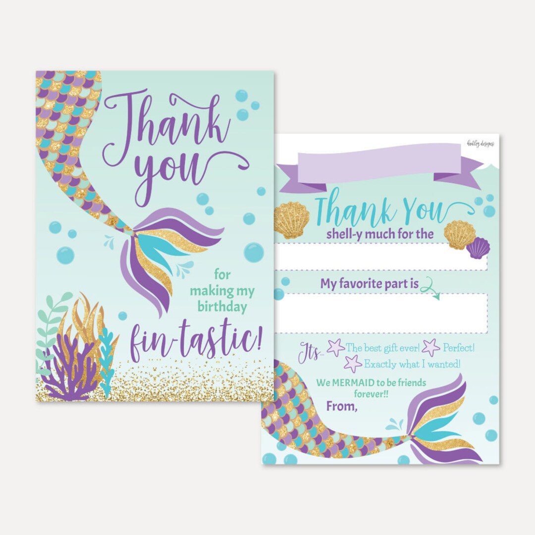 Under the Sea Mermaid Kids Party Fill in the Blank Thank You Card ...