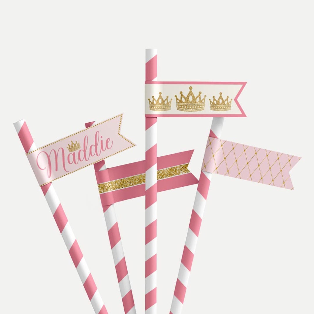Princess Kids Party Straw Flags Template - Printable Straw Flag, Paper ...