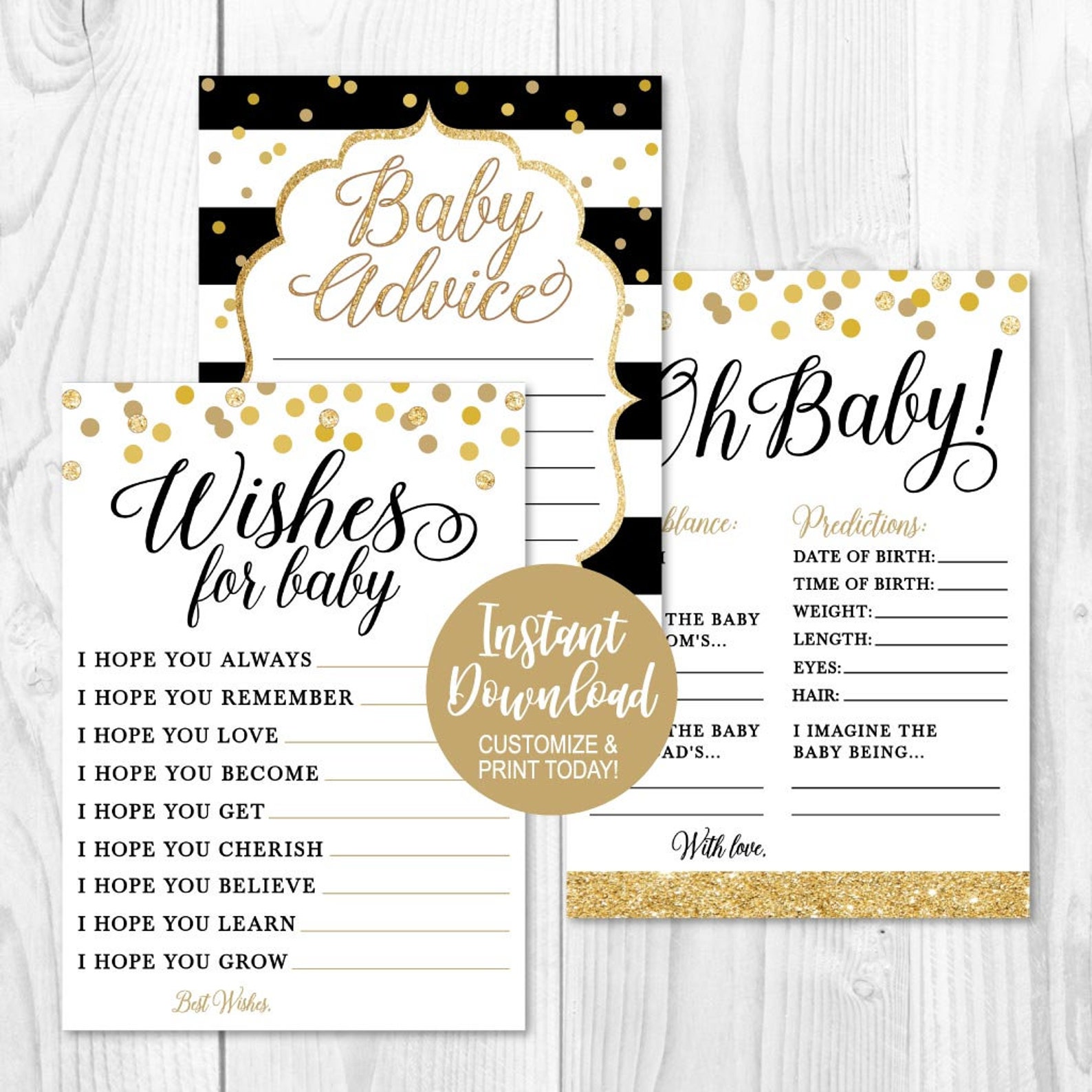 Black and Gold Baby Shower Package Keepsake Bundle Advice | Etsy