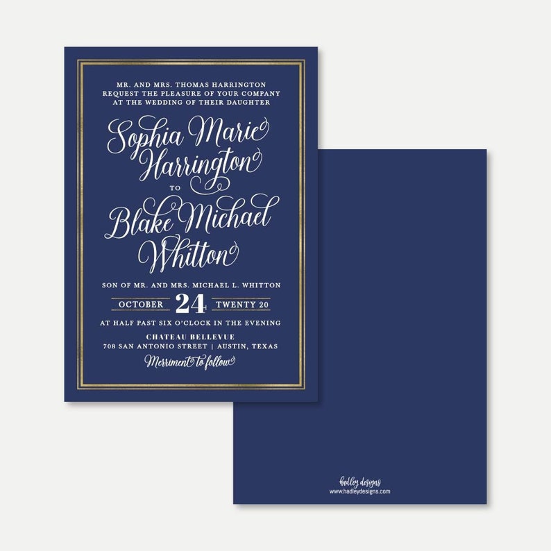 Elegant Navy Gold Border Wedding Invitation Template - Etsy