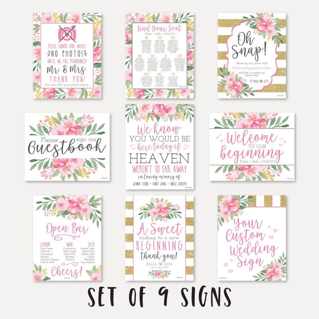 Gold Glitter Striped Blush Floral Wedding Signs Seating Etsy