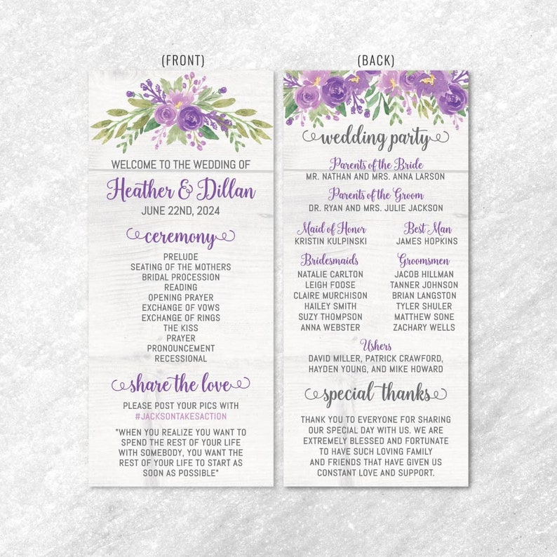 Purple Rustic Floral Wedding Program Template Programs - Etsy