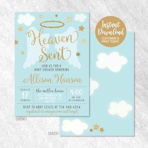 Angel Boy Blue Gold Printable Baby Shower Invitation Baby - Etsy