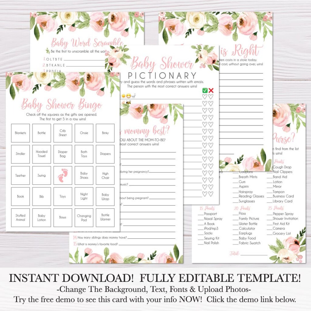 Pink Watercolor Floral Wreath Baby Shower Game Suite, Baby Shower Game ...