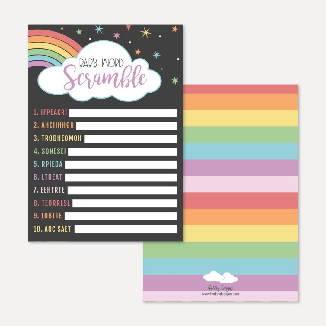 Rainbow Baby Shower Word Scramble Game Template -word Scramble Baby ...