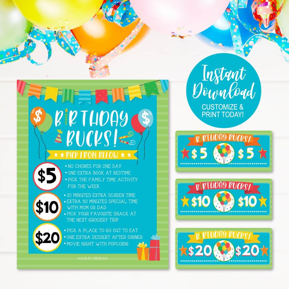 Birthday Bucks Printable, Editable Kids Money Bill and Personalized ...
