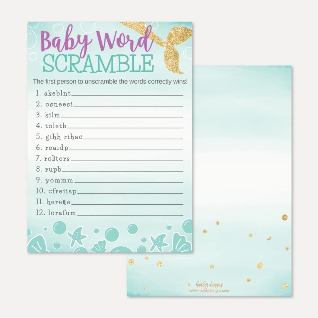 Mermaid Baby Shower Word Scramble Game Template - Word Scramble Baby ...