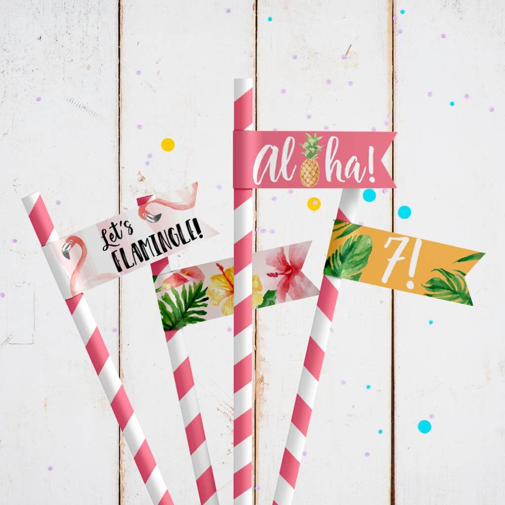 Tropical Kids Party Straw Flags Template Printable Straw | Etsy