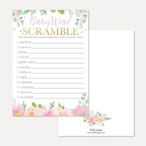 Pink Pastel Floral Baby Shower Word Scramble Game Template - Word ...