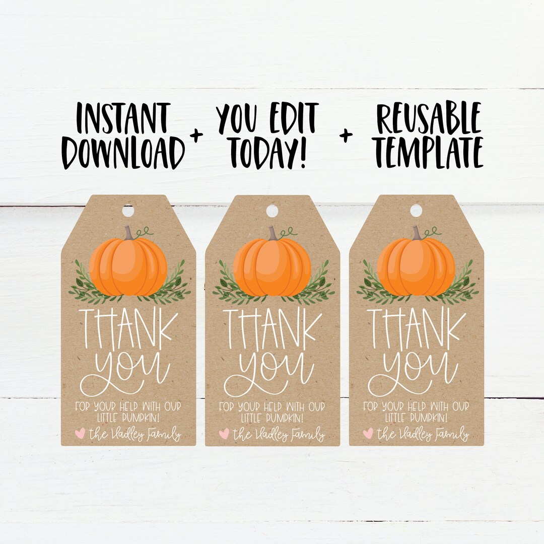 Thank You Pumpkin Gift Tags Printable, DIY Printable PDF, Editable Tags ...