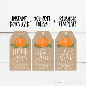 Thank You Pumpkin Gift Tags Printable, DIY Printable PDF, Editable Tags ...
