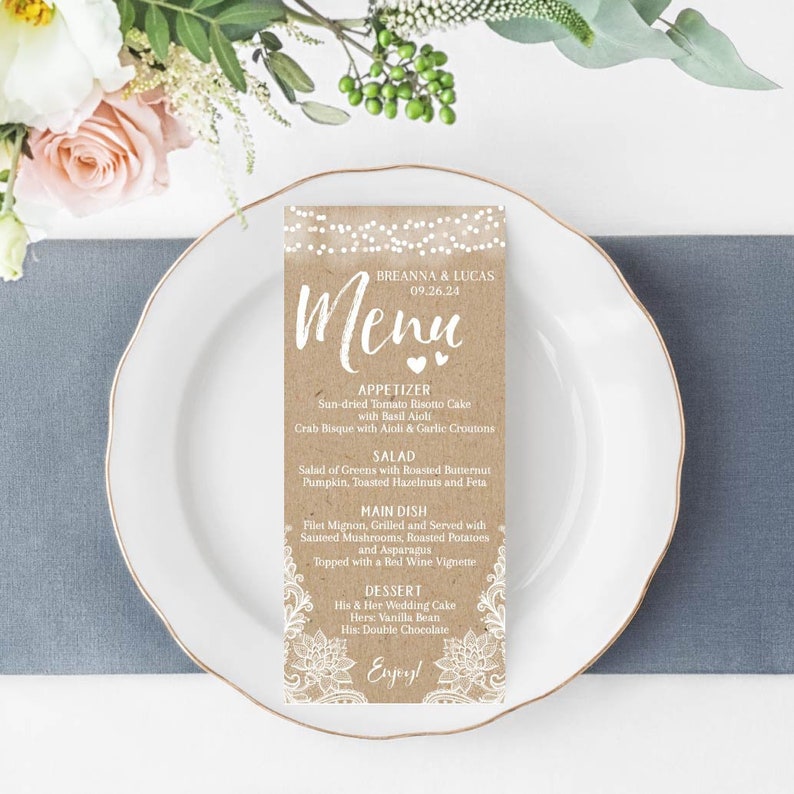 Kraft Lace Rustic Wedding Menu Template Party Menu Template - Etsy