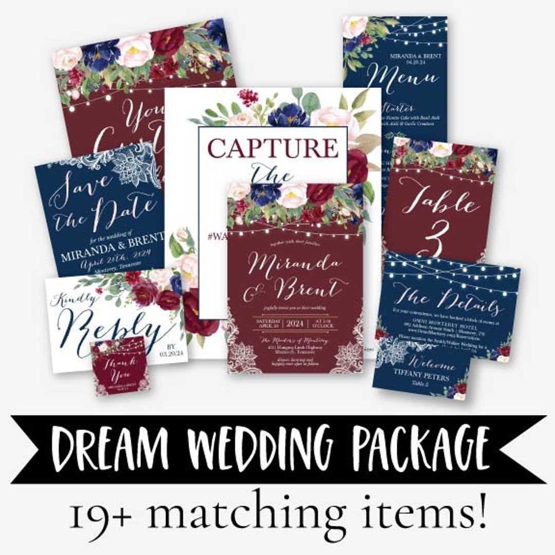 Burgundy Floral & Lace Wedding Complete Package Templates - Printable ...