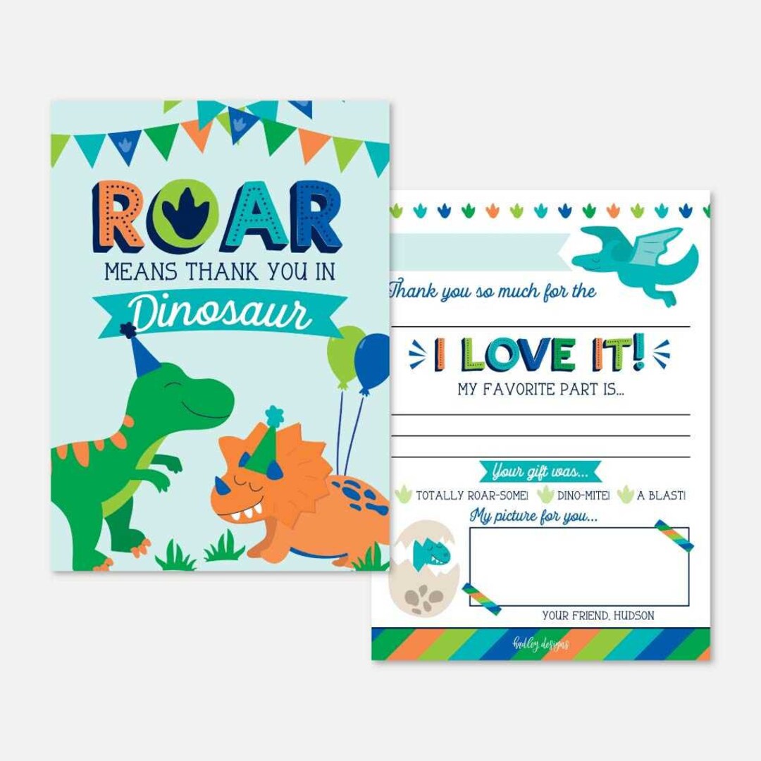 Dinosaur Kids Party Fill in the Blank Thank You Card Template ...