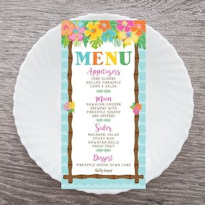 Luau Party Menu Card Template - Floral Menu Card, Luau Menu Template ...