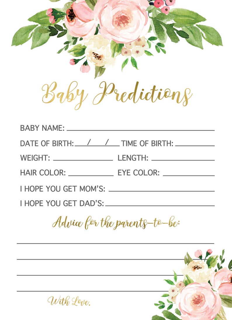 Pink Floral Baby Prediction Cards, Baby Predictions, Baby Predictions ...