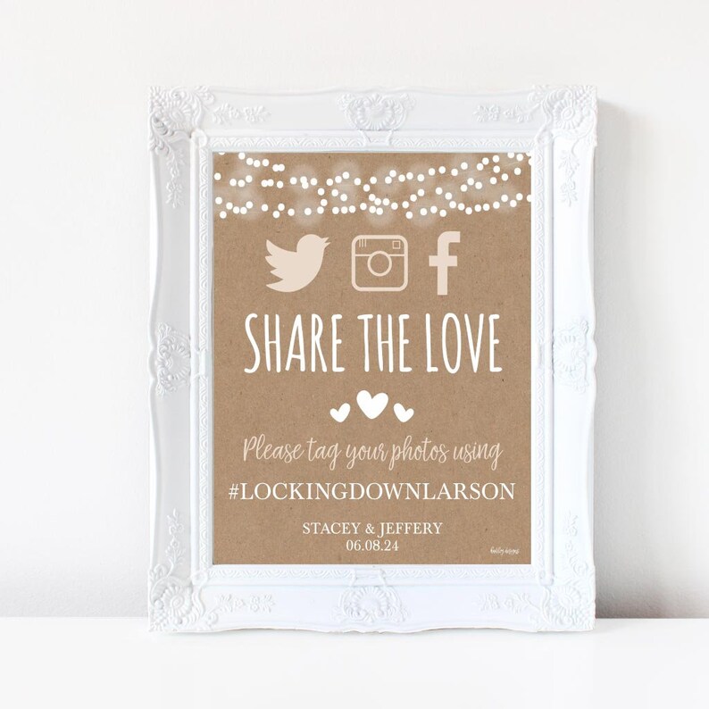 Tree Lights Kraft Rustic Wedding Hashtag Sign Template | Etsy