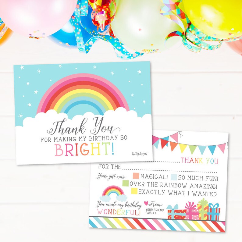 Rainbow Kids Party Fill in the Blank Thank You Card Template - Fill in ...