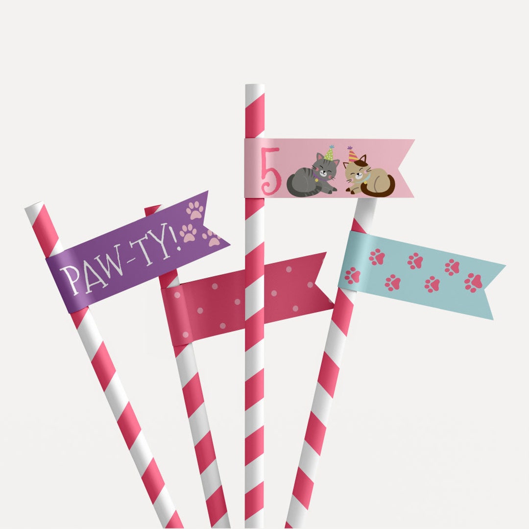 Cat Kids Party Straw Flags Template - Printable Straw Flag, Printable ...