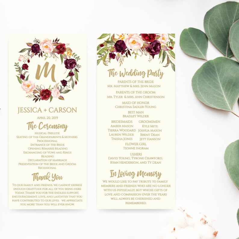 Cream Marsala Floral Wedding Program, Wedding Programs Designs, Wedding Programs Instant ...