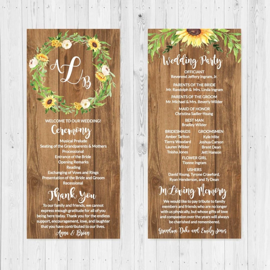 Medium Wood Sunflower Wedding Program, Wedding Programs Designs ...