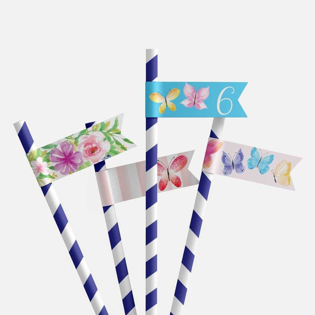 Butterfly Kids Party Straw Flags Template Printable Straw Flag, Paper ...