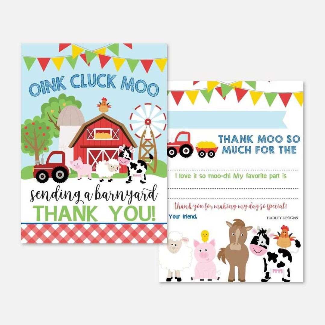 Cartoon Farm Kids Party Fill in the Blank Thank You Card Template ...