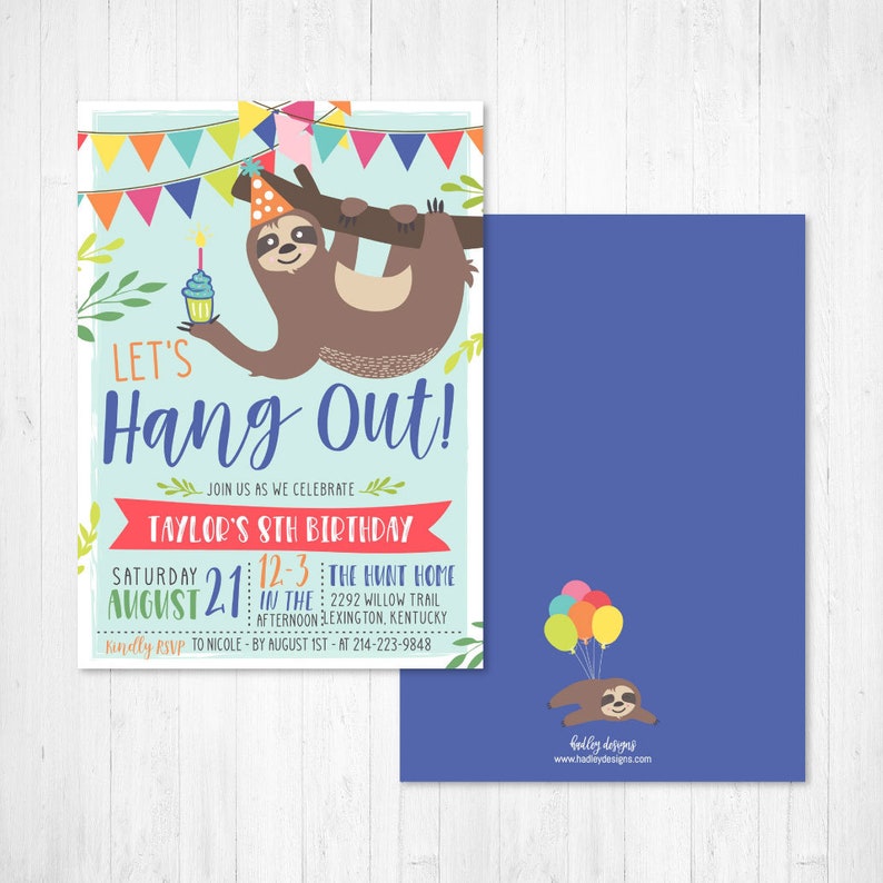Sloth Kids Party Invitation Template Kids Birthday Invites - Etsy