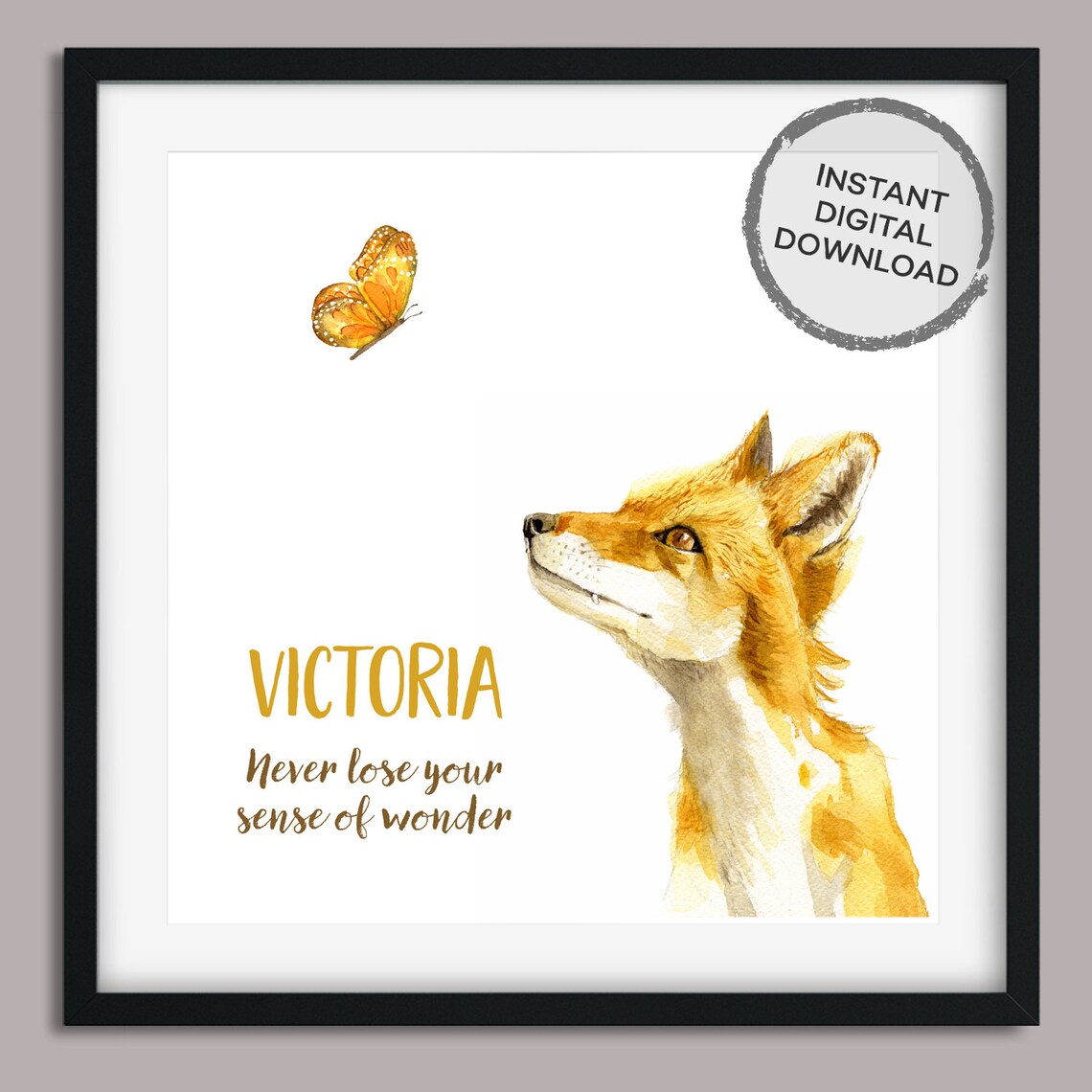 Victoria name art digital download with fox forest animal. | Etsy