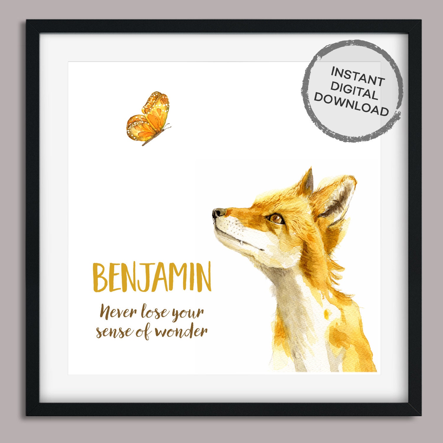 Benjamin name art digital download with fox forest animal. - Etsy España