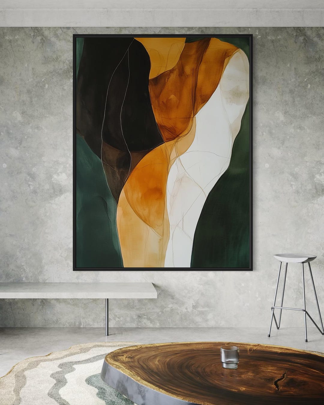 Orange Dark Green Fluid White Abstract Minimalist Oil Painting Original ...