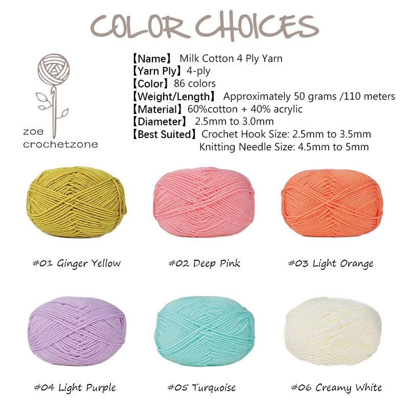 Fine 4 Ply Milk Cotton Yarn: Crochet, Knitting, Amigurumi (color 61-86 ...