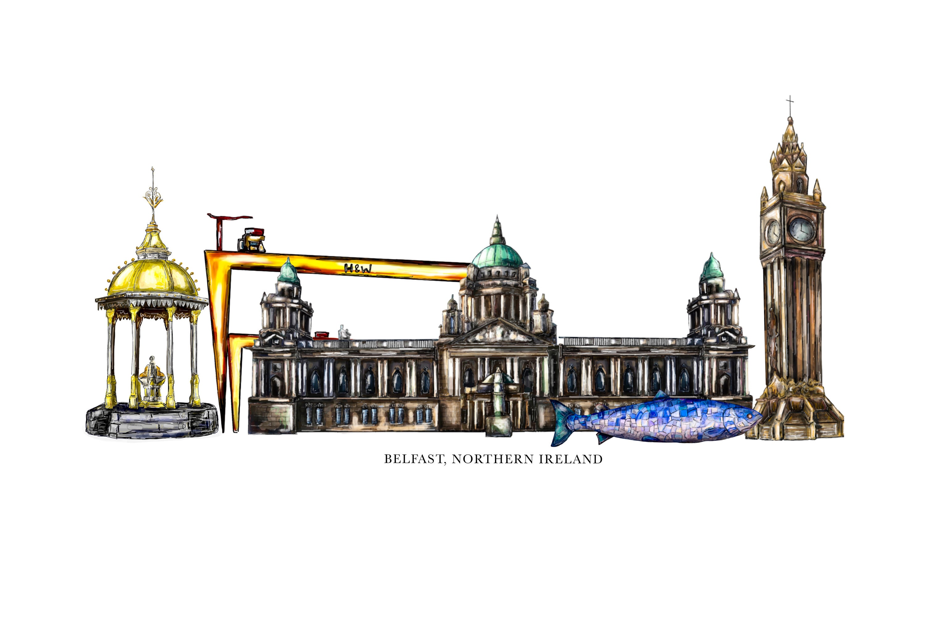 Belfast Landmarks Skyline Art Print Cityscape Illustration | Etsy