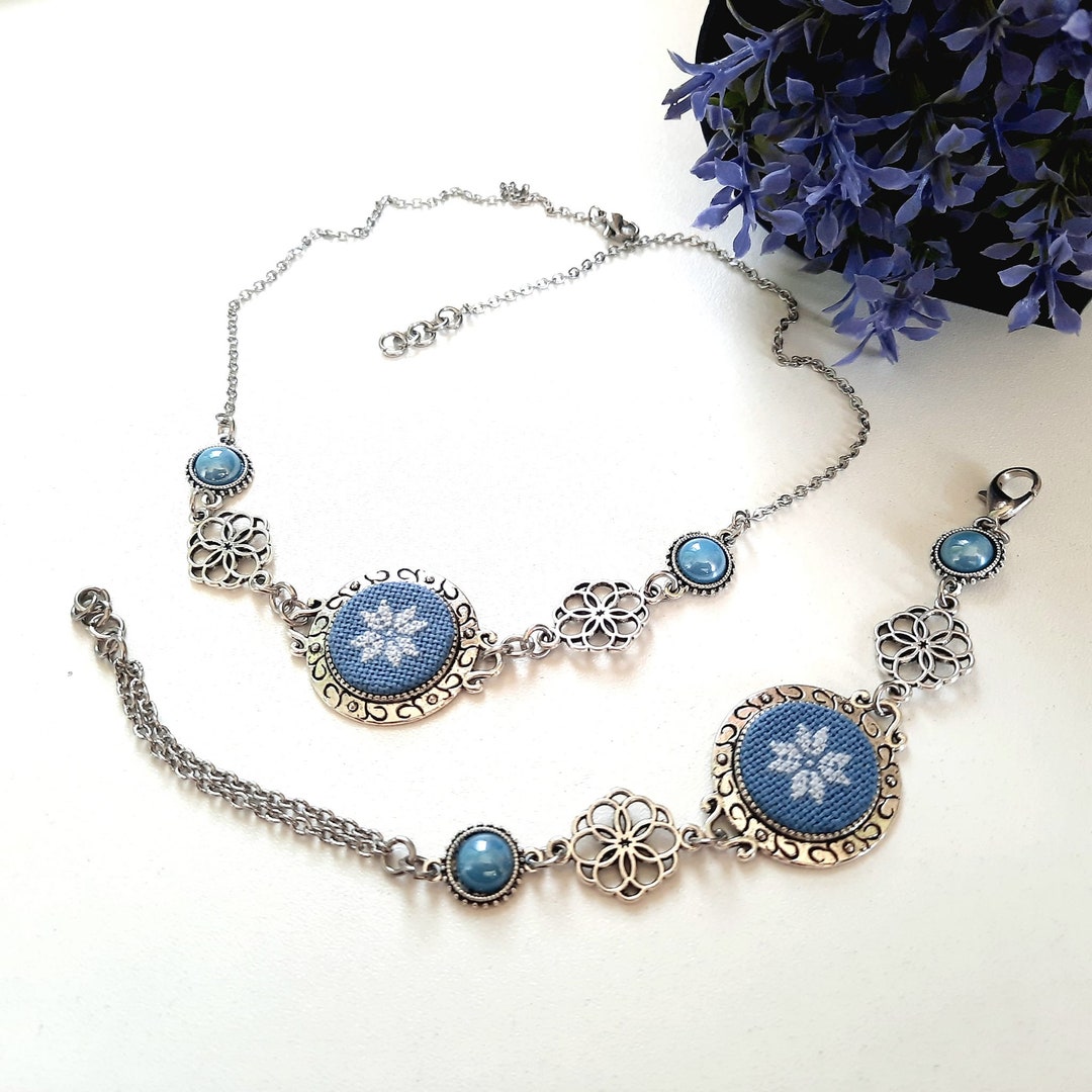 Blue Flowers Bracelet and Necklace Cross Stitch Micro Embroidered ...