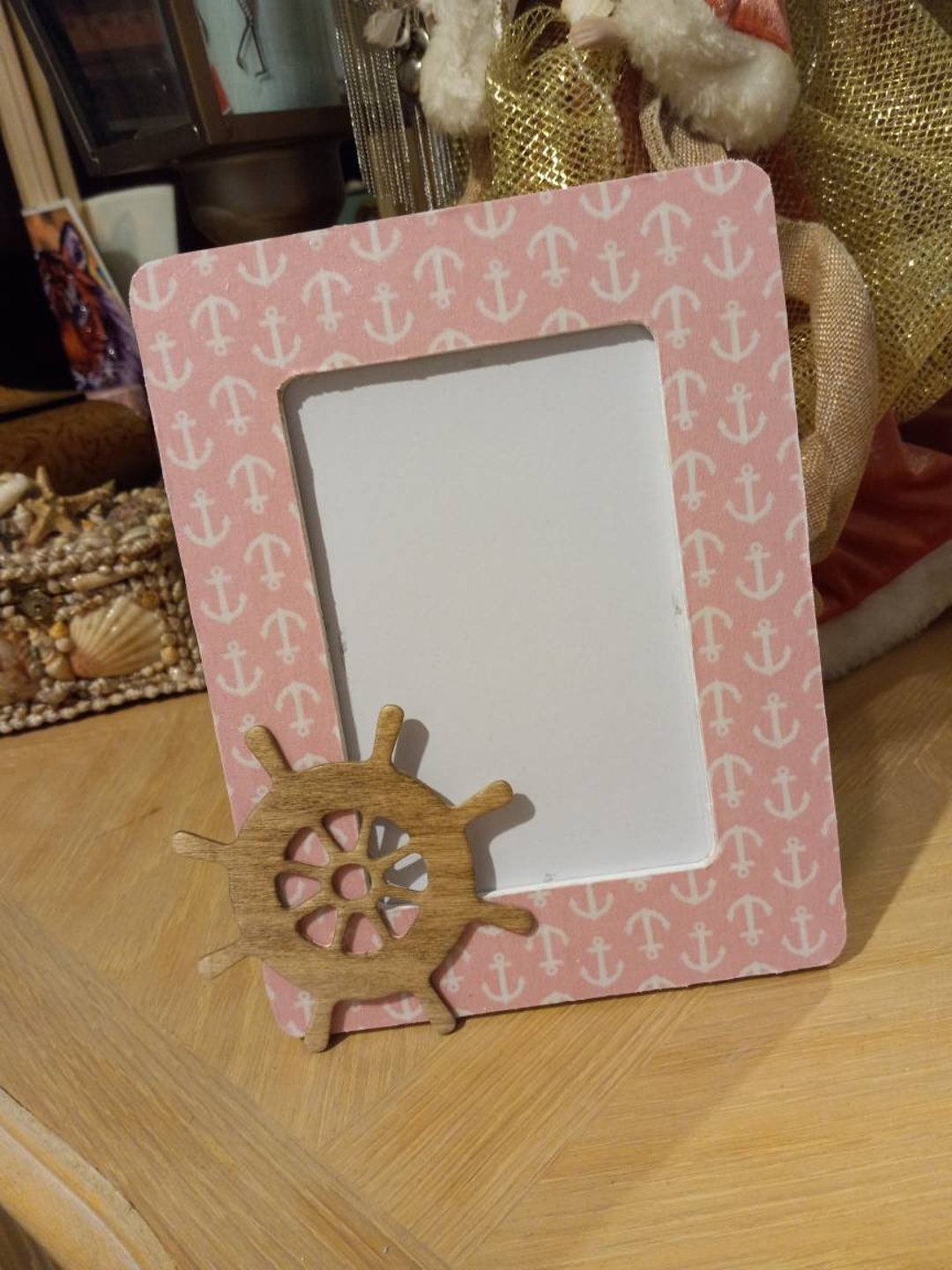Nautical Pink & White Anchors Theme Wood Decoupage Photo Frames / Freestanding Frame - Etsy