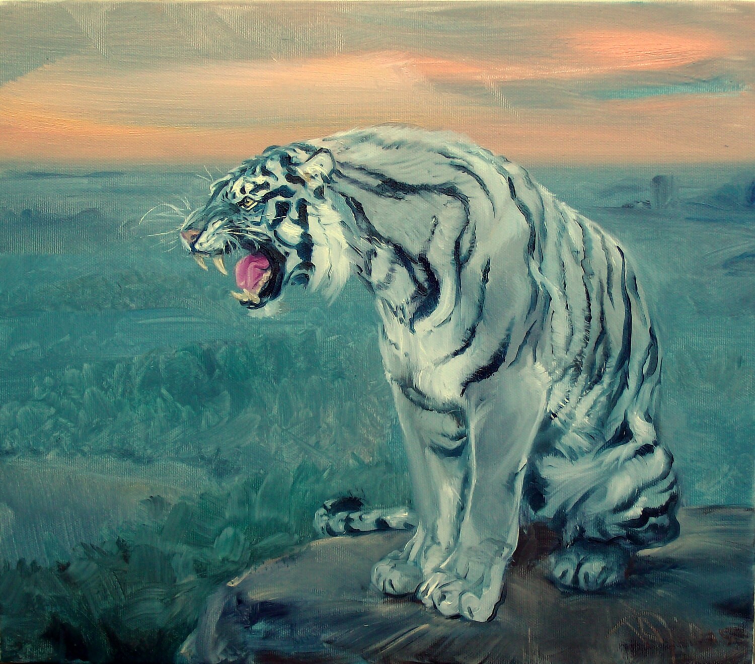 Tiger Painting on Canvas ,silvern Tiger on a Rock, Sunny Landscape - Etsy