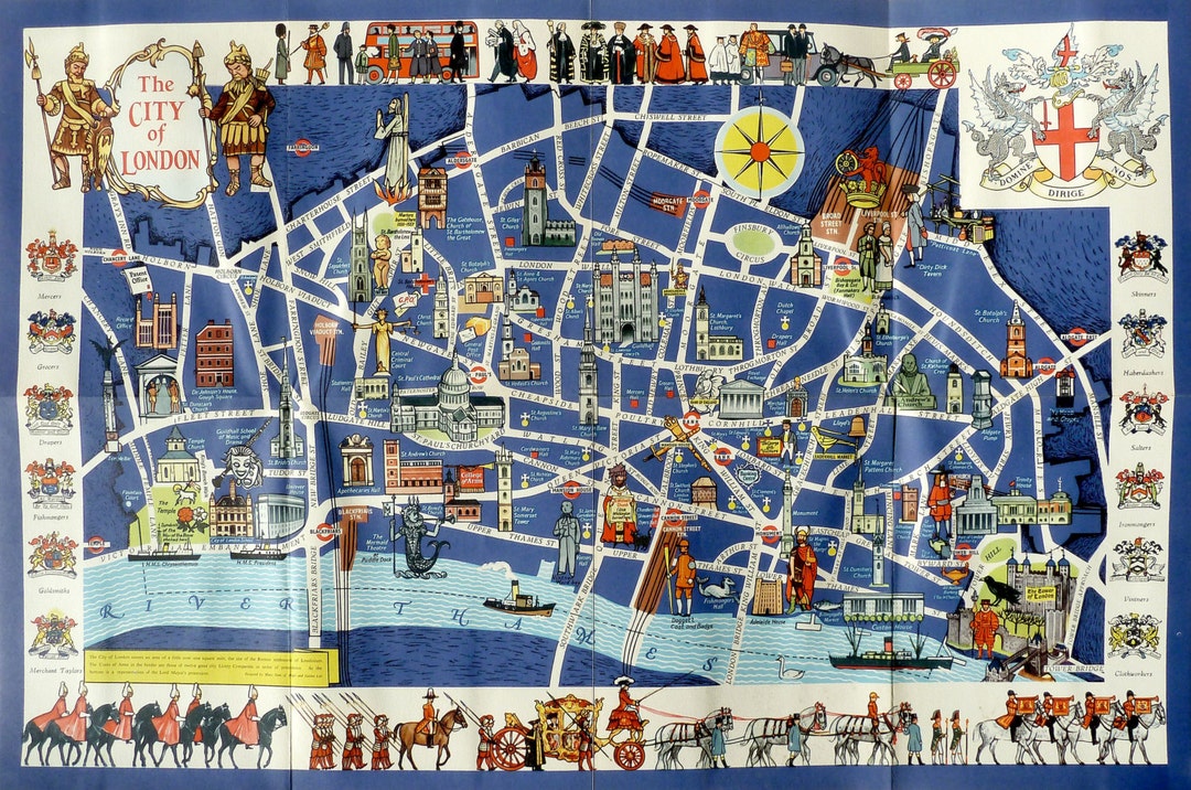 The City of London - Pictorial Map (c.1955) - Etsy