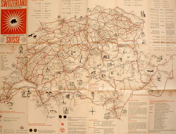 Switzerland Official Road Map c1960 | Etsy