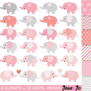 24 Elephant Clipart Pink and Grey Elephant Clip Art, Baby Elephants ...
