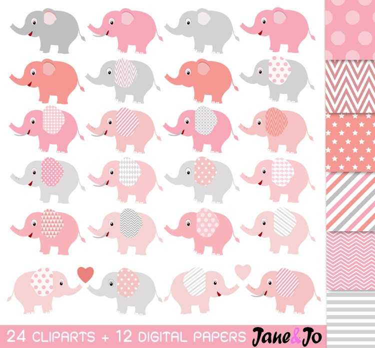 24 Elephant Clipart Pink and Grey Elephant Clip Art Baby - Etsy Australia