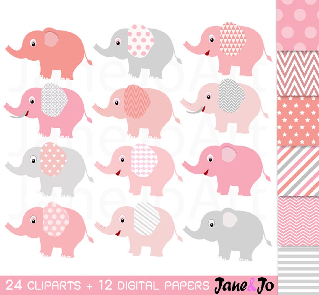 24 Elephant Clipart Pink and Grey Elephant Clip Art, Baby Elephants ...