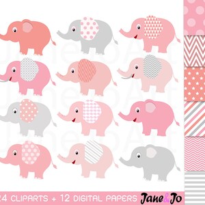 24 Elephant Clipart Pink and Grey Elephant Clip Art, Baby Elephants ...