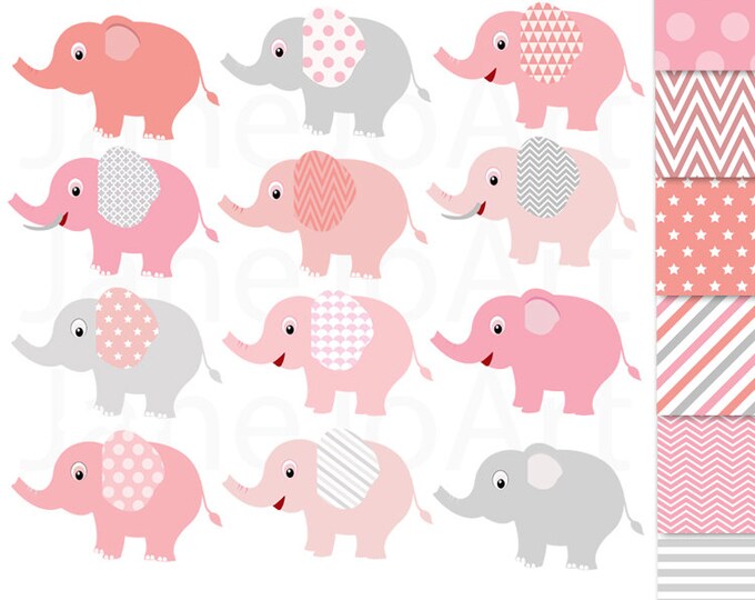 24 Elephant Clipart Pink and Grey Elephant Clip Art Baby - Etsy