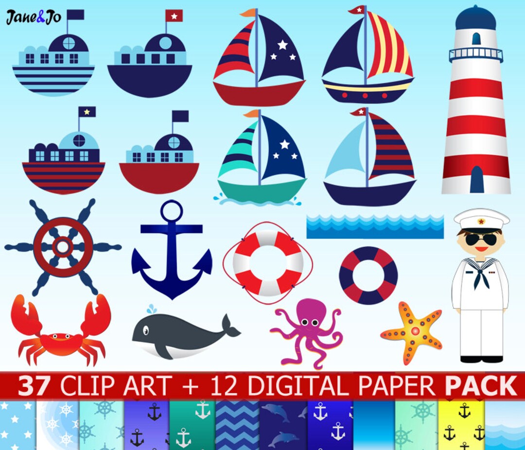 37 Nautical Clipart &12 Nautical Digital Paper-sailor,whales,octopus ...