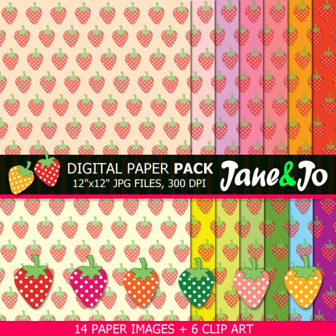 50% OFF SALE Strawberry Pattern Digital Papers and Clipart, Scrapbook ...