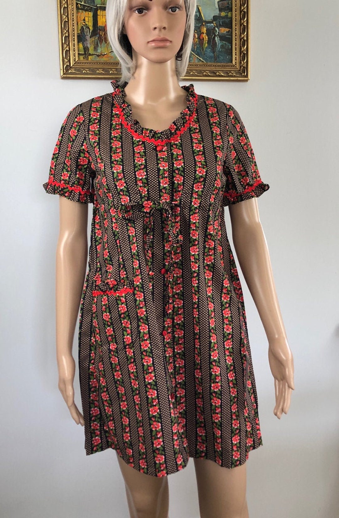 Vintage 70s Mini Nightdress Sz S nighty Red Ric Rac Trim Leon Worth ...