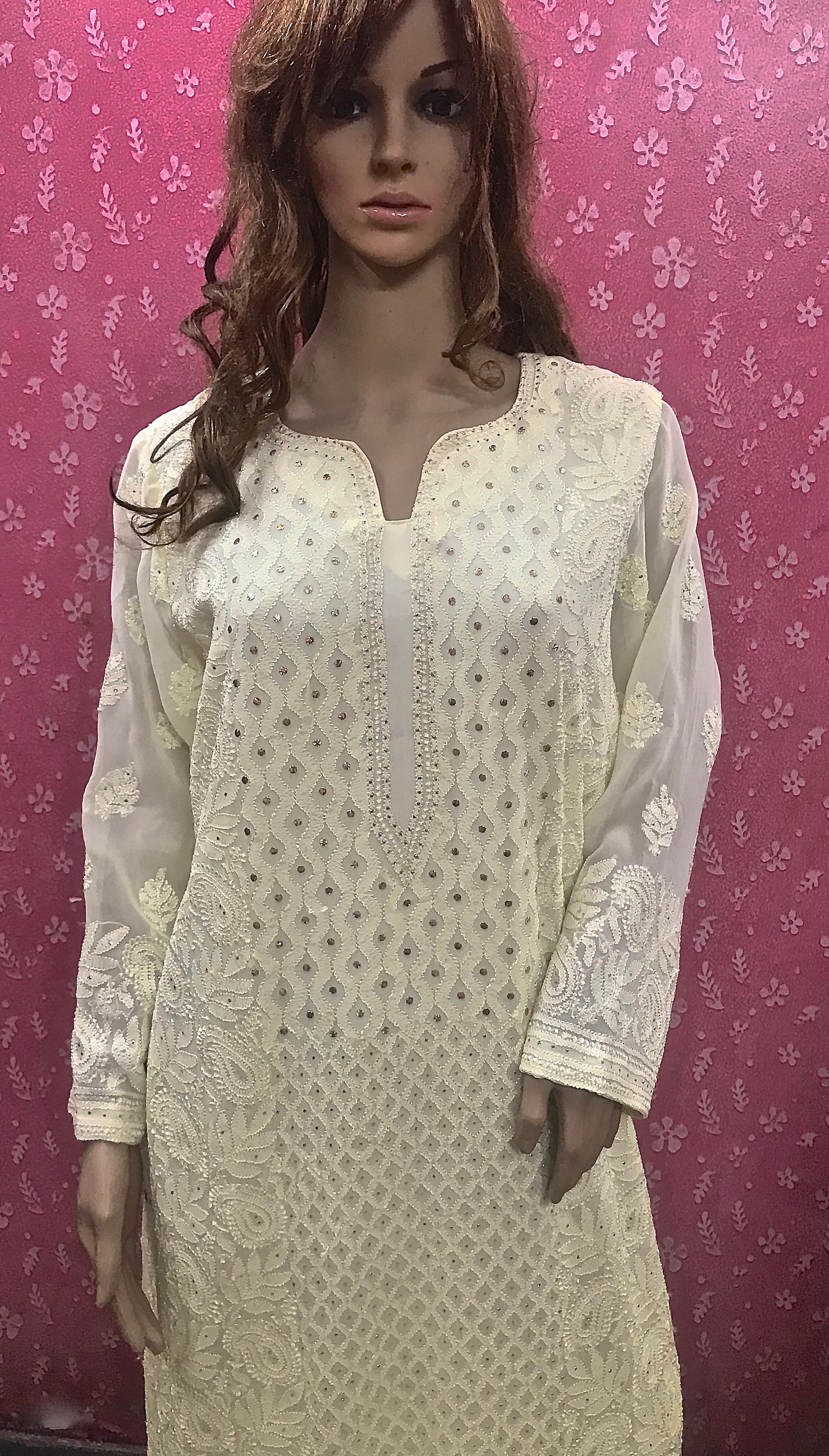 Lucknow CHIKANKARI Hand Embroidery With MUKAISH Work Indian Kurti ...