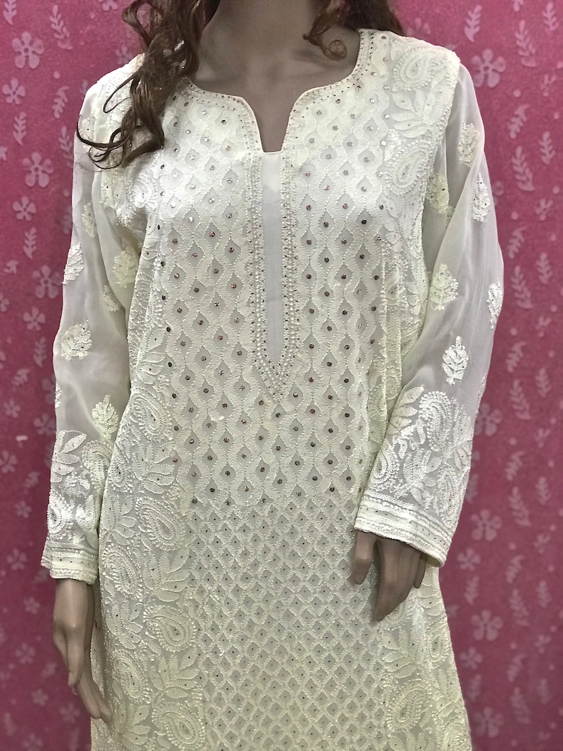 Lucknow CHIKANKARI Hand Embroidery With MUKAISH Work Indian Kurti ...