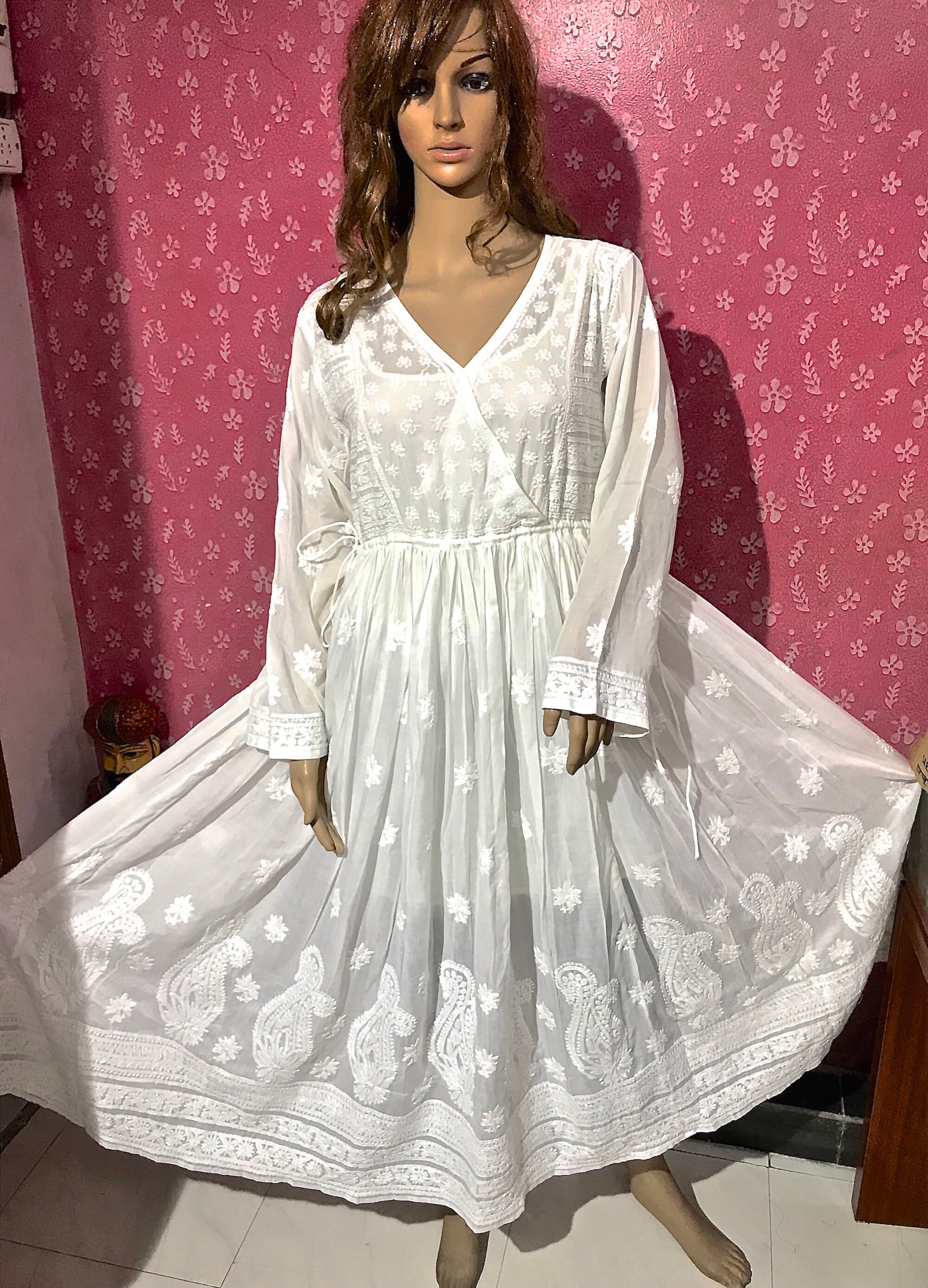 White Cotton Maxi Dress-yoke Style-hand Embroidery Long Wedding Dress ...