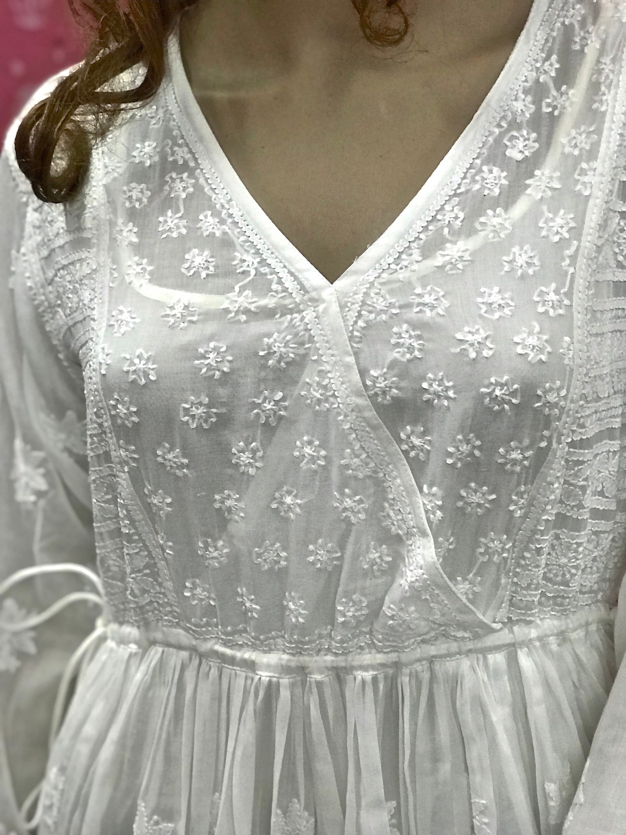 White Cotton Maxi Dress-yoke Style-hand Embroidery Long Wedding Dress ...